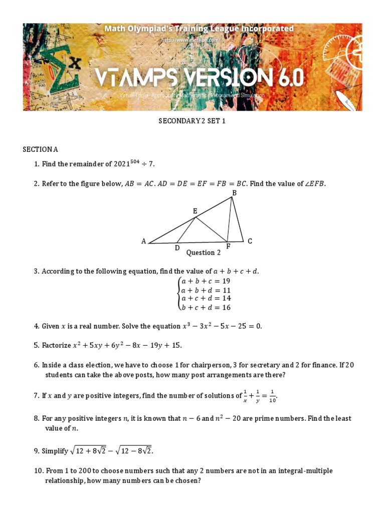 VTAMPS 6.0 Secondary 2 Set 1 | PDF | Equations | Area