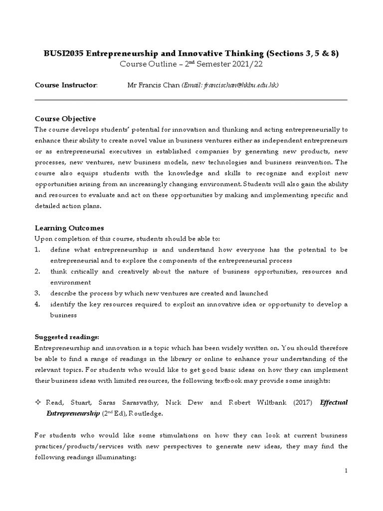 2021-2022 BUSI2035 Course Outline (Sem 2) | PDF | Entrepreneurship ...