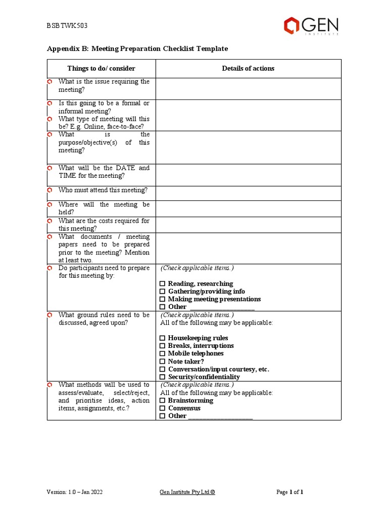 6 - BSBTWK503 Appendix B - Meeting Preparation Checklist Template (1) | PDF