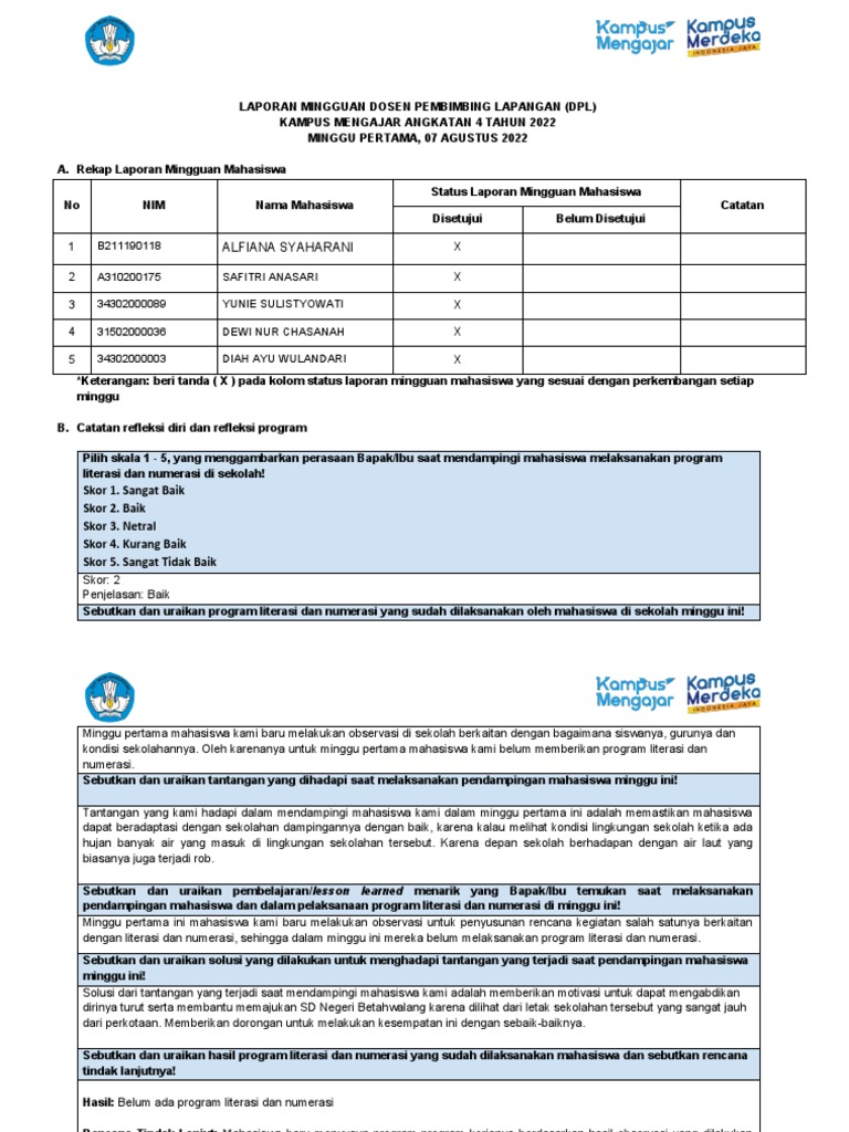 Laporan Mingguan DPL Kampus Mengajar | PDF | Bisnis | Pengelolaan Keuangan & Uang
