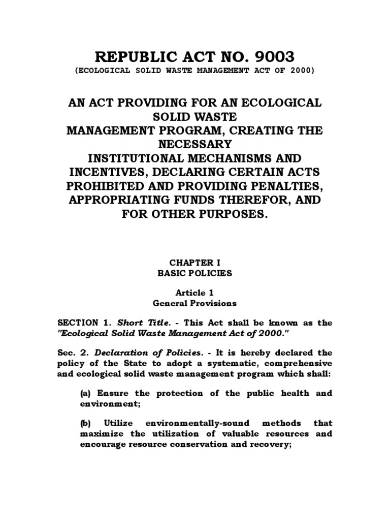Ecological Solid Waste Management Act | PDF | Waste Management ...