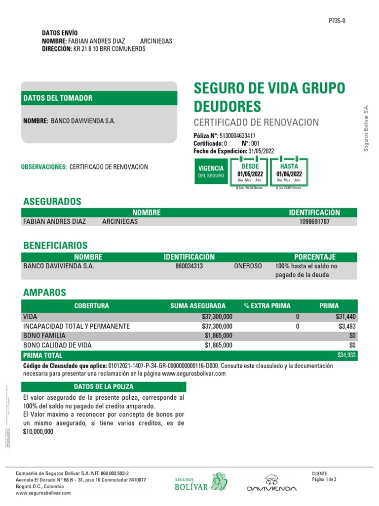 Seguro de Vida Grupo Deudores: Asegurados | PDF | Póliza de seguros ...