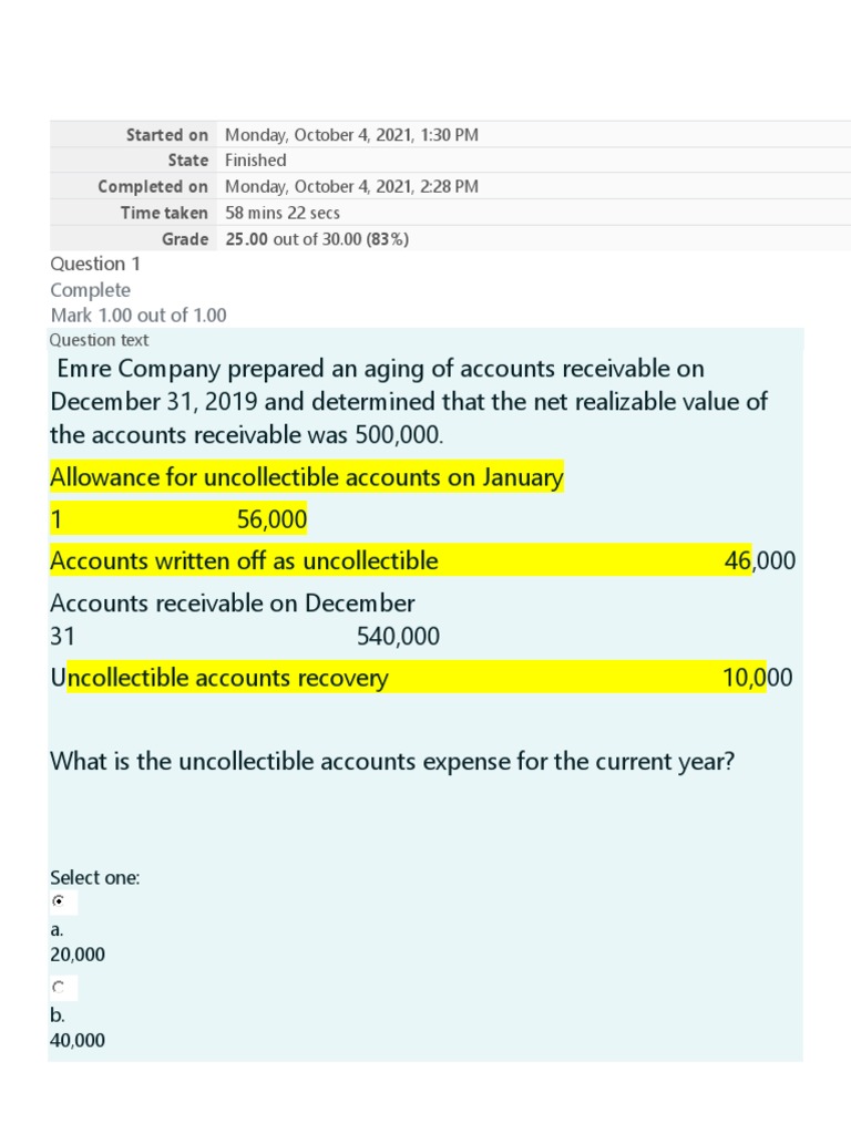 Account Receivable Quiz Acc124 PDF | PDF | Bad Debt | Debits And Credits