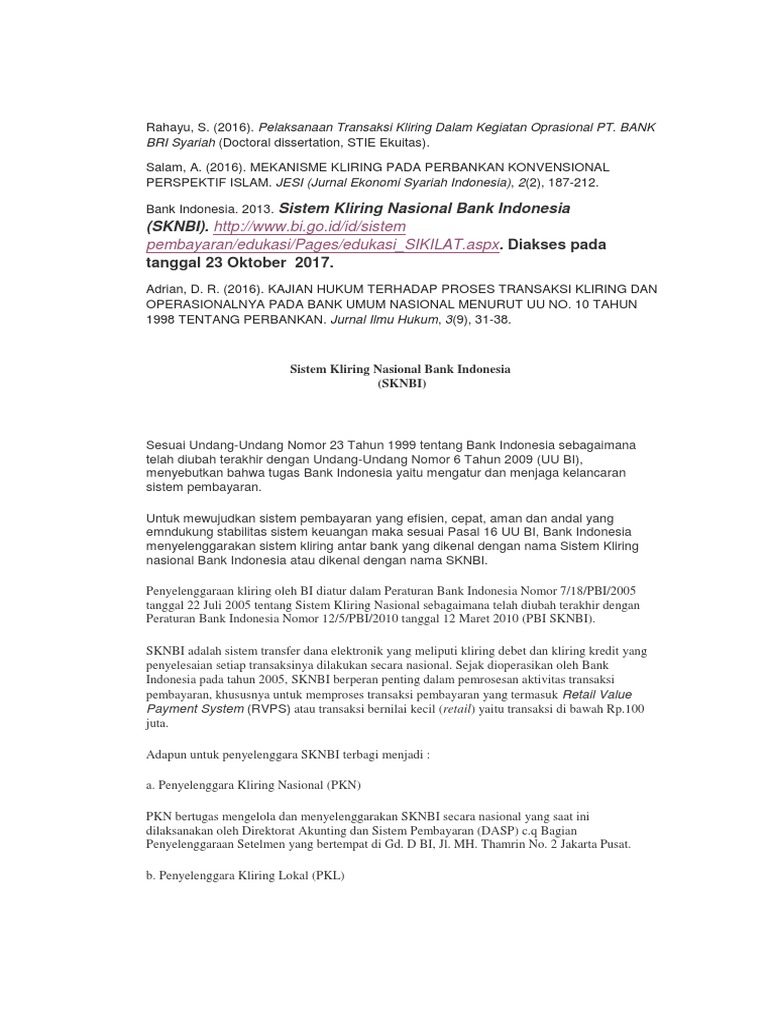 Sistem Kliring Nasional Bank Indonesia (SKNBI) - . Diakses Pada | PDF