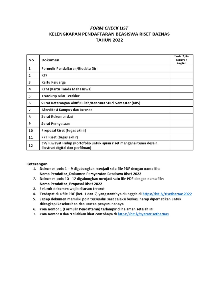 Form Check List Kelengkapan Pendaftaran Beasiswa Riset BAZNAS Tahun 2022 | PDF