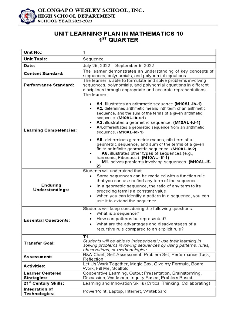 Math 10 Unit Learning Plan: Sequences & Polynomials | PDF | Sequence | Learning