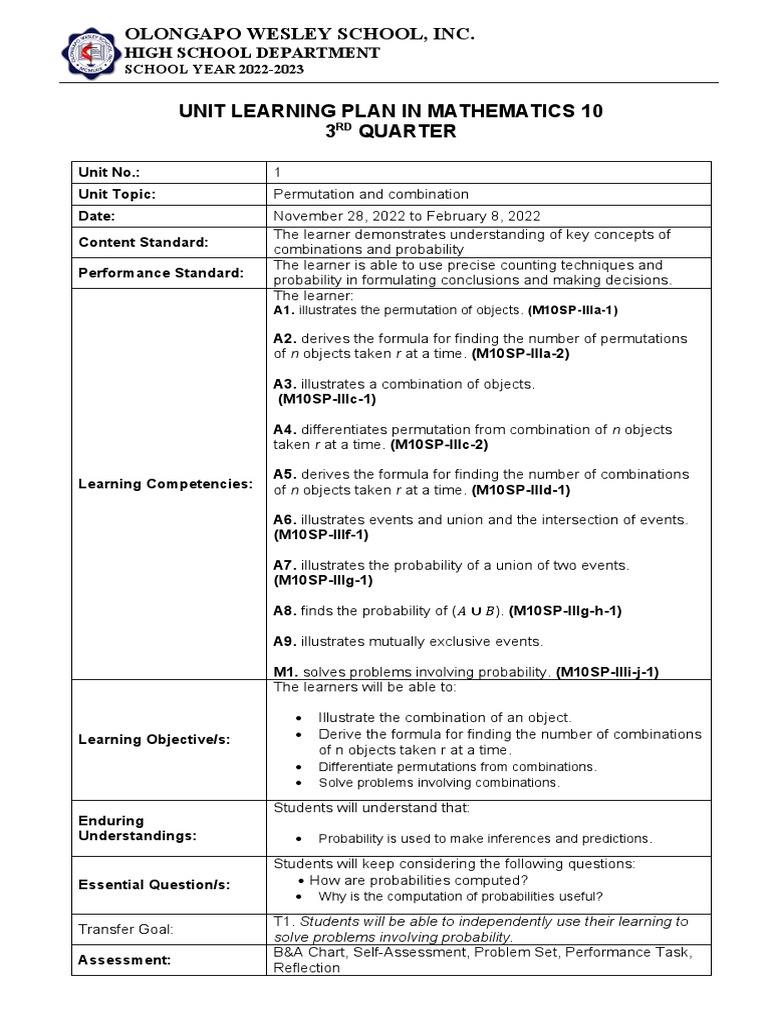 Mathematics 10 3rd Quarter Learning Plan | PDF | Learning | Probability