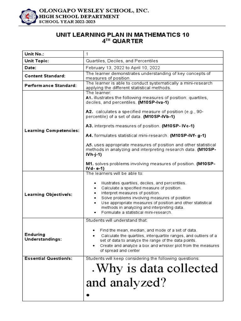 Mathematics 10 4th Quarter Learning Plan | Download Free PDF | Quartile ...