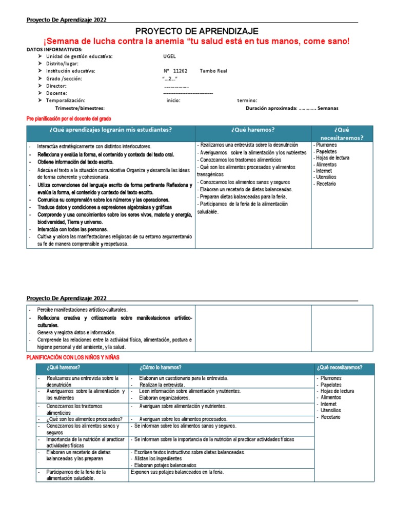 Proyecto de Aprendizaje 2°-2022 (Opcional) 2° Grado Abril | PDF | Aprendizaje | Evaluación