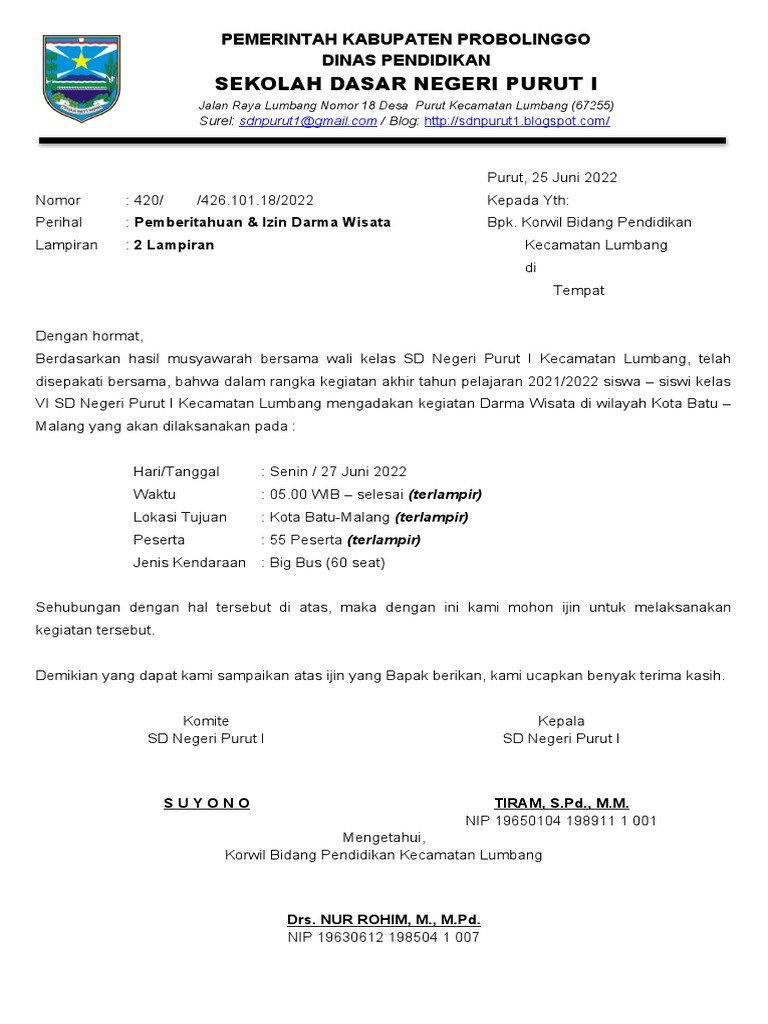 Surat Ijin SD Purut Rekreasi Ke Korwil | PDF