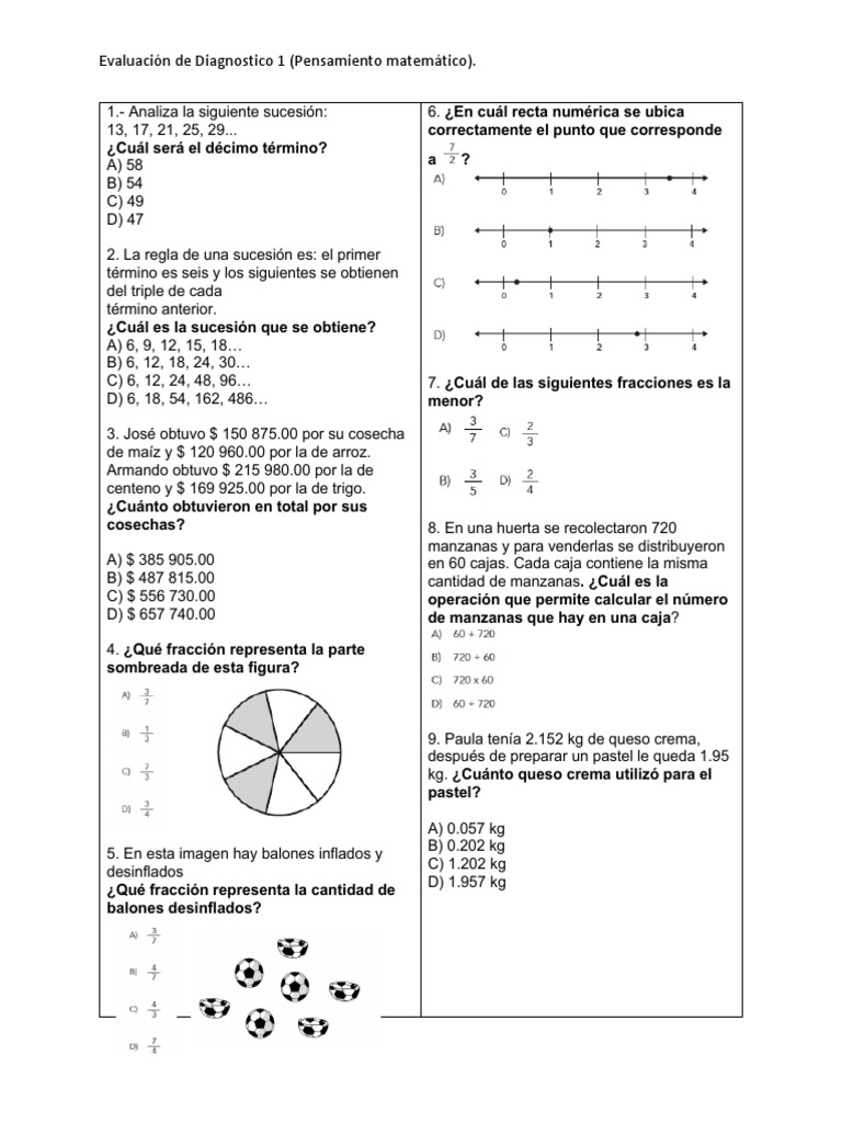 Examen de Diagnostico Matemáticas 1ro Secundaria | PDF | Litro