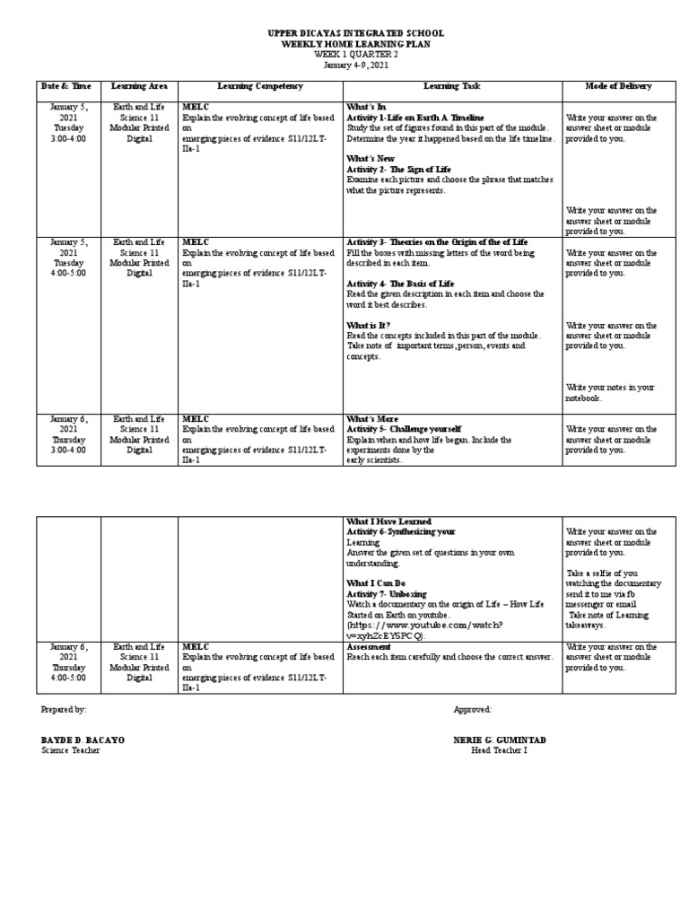 1 WHLP Format SHS Earth and Life Science - Q1 - w1 | Download Free PDF ...