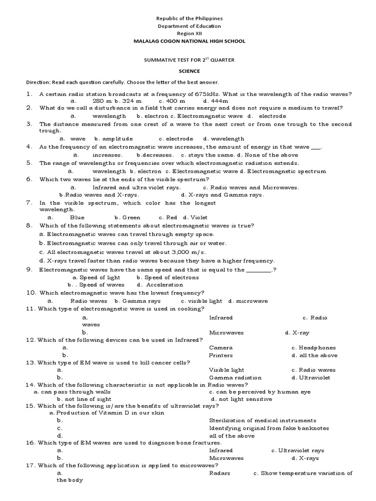 2nd Quarterr Summative Test Grade 10 | PDF | Electromagnetic Radiation ...