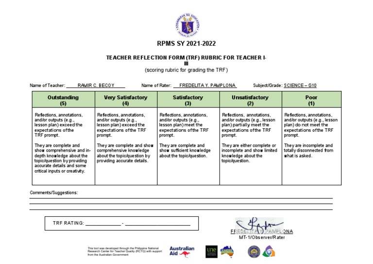 TRF Rubric_Pamplona | PDF | Behavior Modification | Learning