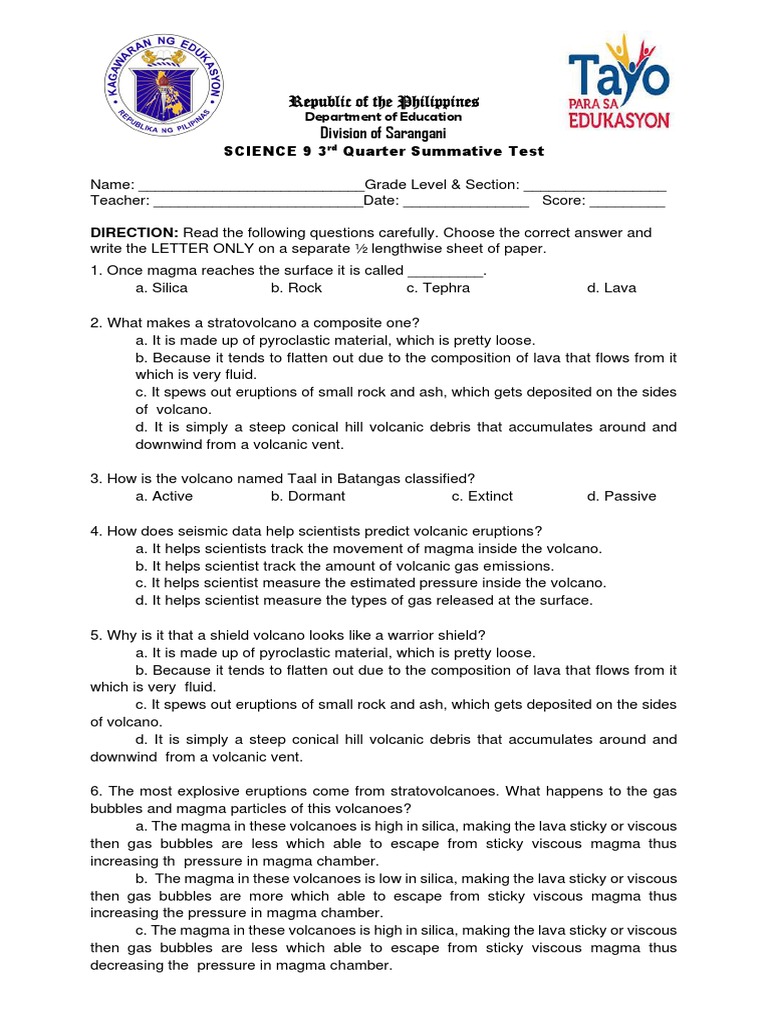 Grade 9 Science Sum - Test | Download Free PDF | Volcano | Lava