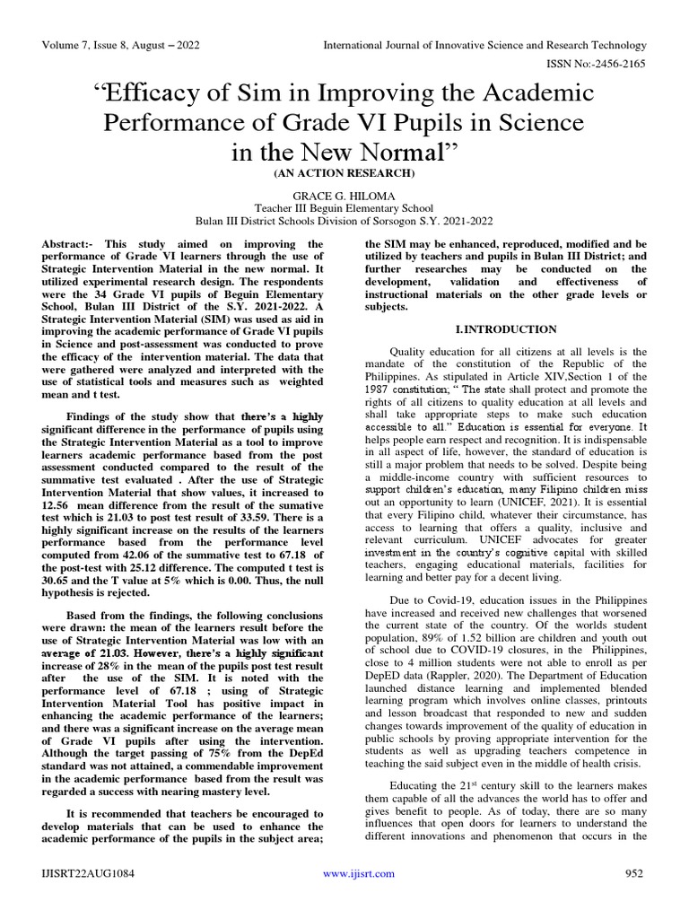 Efficacy of Sim in Improving The Academic Performance of Grade VI ...