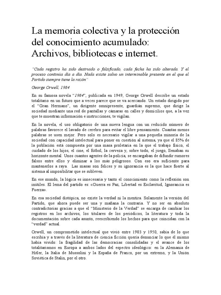 La Memoria Colectiva y La Protección Del Conocimiento Acumulado | PDF | Totalitarismo | Bibliotecas