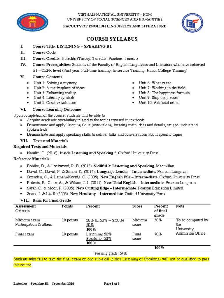 Listening Speaking B1 Pdf Test Assessment Final Examination