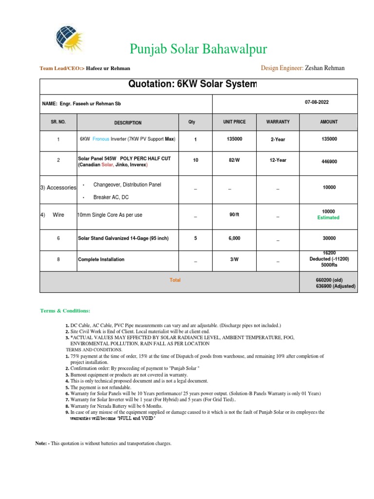 Punjab Solar Bahawalpur: Quotation: 6KW Solar System | PDF | Solar ...