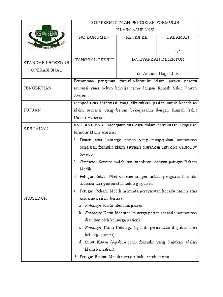 Sop Permintaan Pengisian Formulir Klaim Asuransi | PDF
