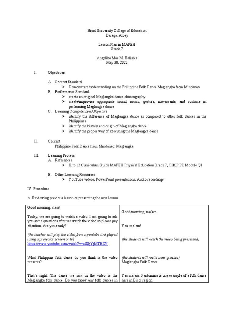 Lesson Plan: Maglangka Folk Dance | PDF | Dances | Philippines