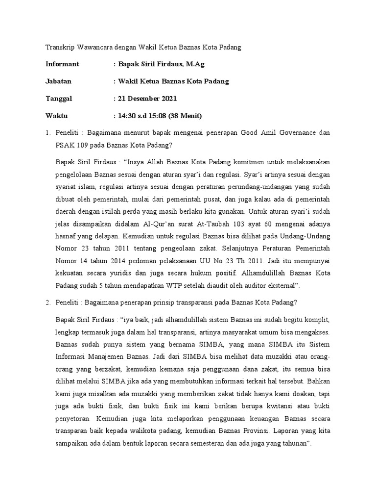 Transkrip Wawancara Baznas | PDF