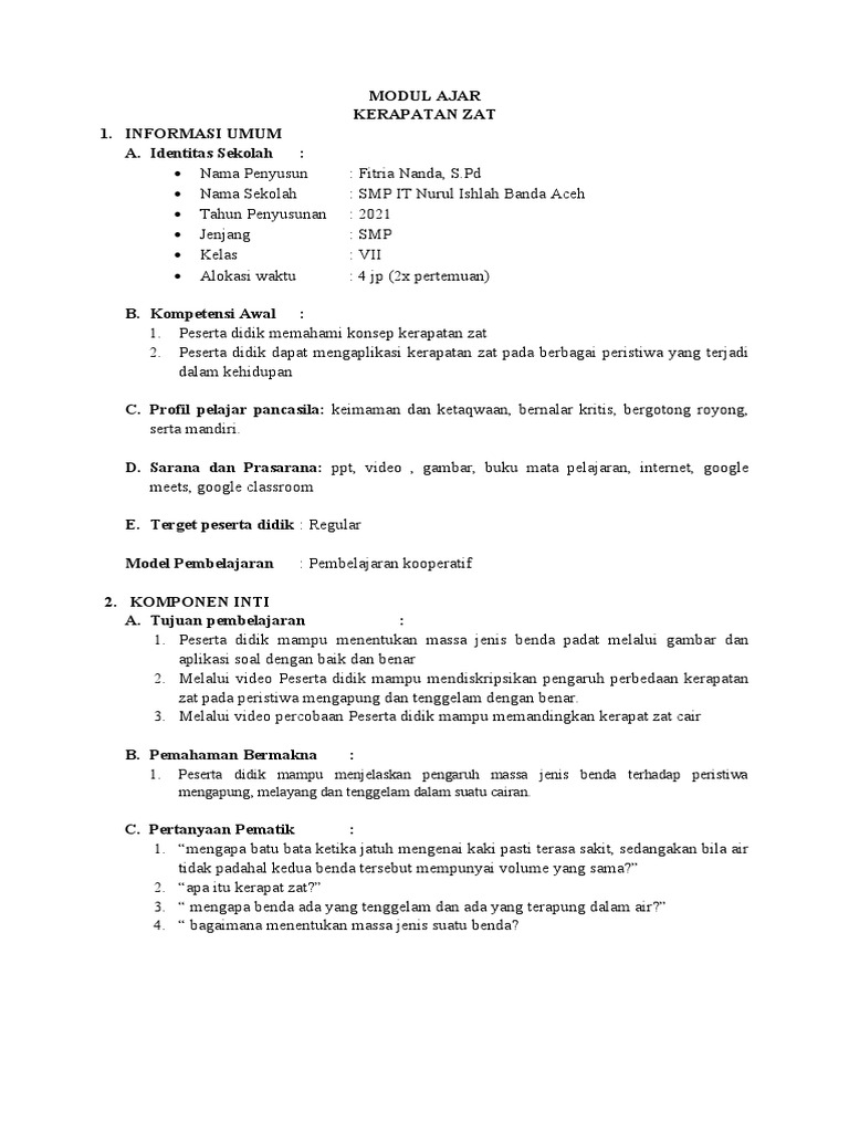 Modul Ajar Kerapatan Zat Kelas 7 | PDF | Kesehatan Holistik | Sains ...