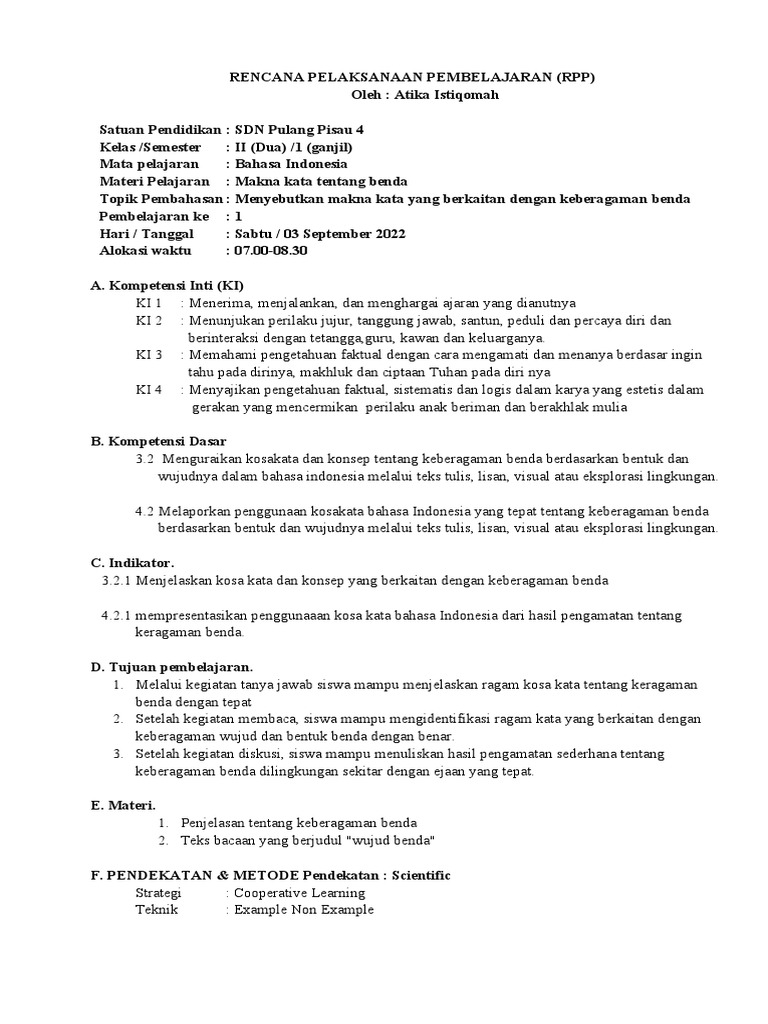 RPP Kelas 2 B.INDONESIA KELAS 2 | PDF