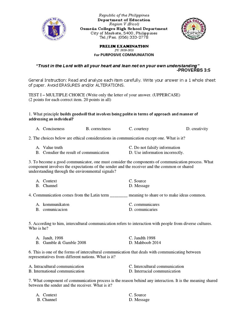 Prelim Examination Purposive Communication | PDF | Communication | Human Communication