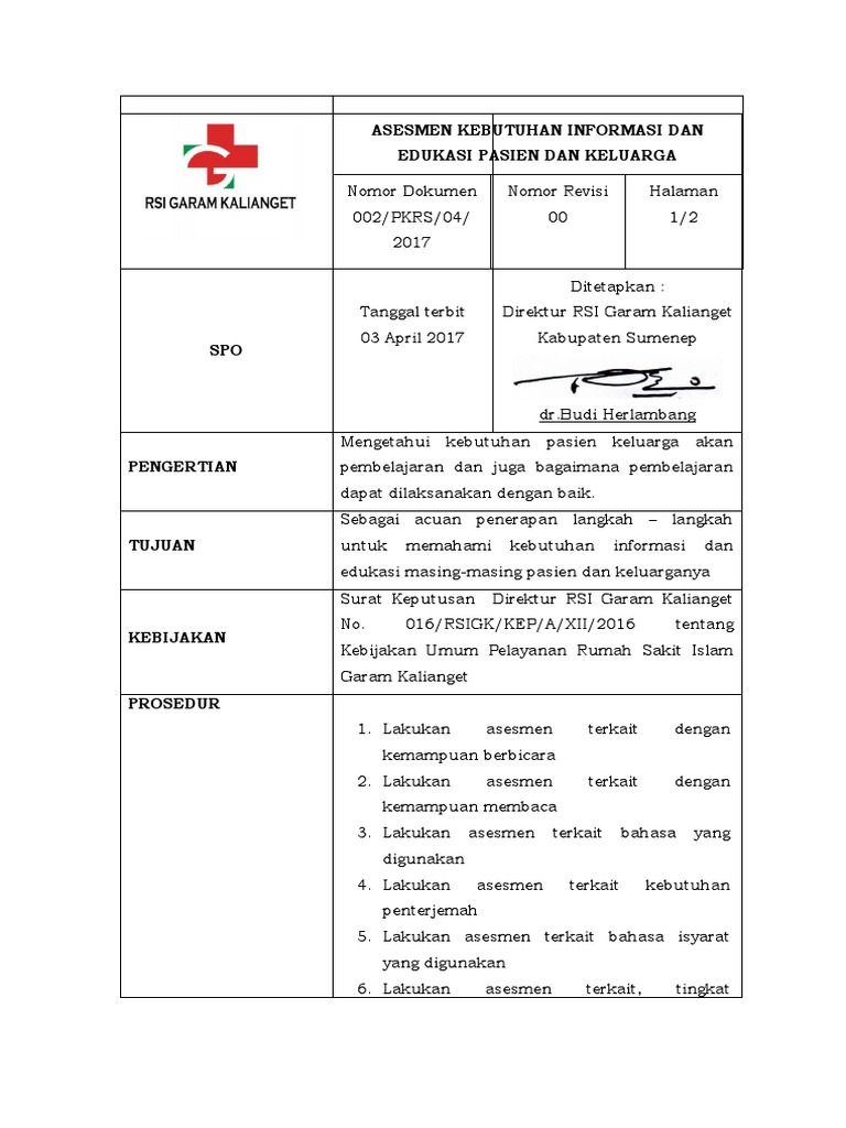2.spo Asesmen Kebutuhan Informasi Dan Edukasi Pasien Dan Keluarga (PPK, Standar 2, PKRS) | PDF