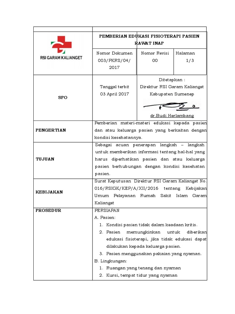 3.spo Pemberian Edukasi Fisioterapi Pasien Rawat Inap (Fisioterapi, PPK ...