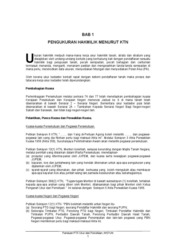 Bab 1 Pengukuran Hakmilik Menurut KTN: Panduan PTK Ukur Dan Pemetaan, INSTUN | PDF