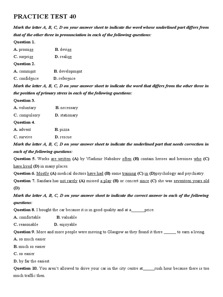 Analysis of an English Proficiency Practice Test and Explanations of ...