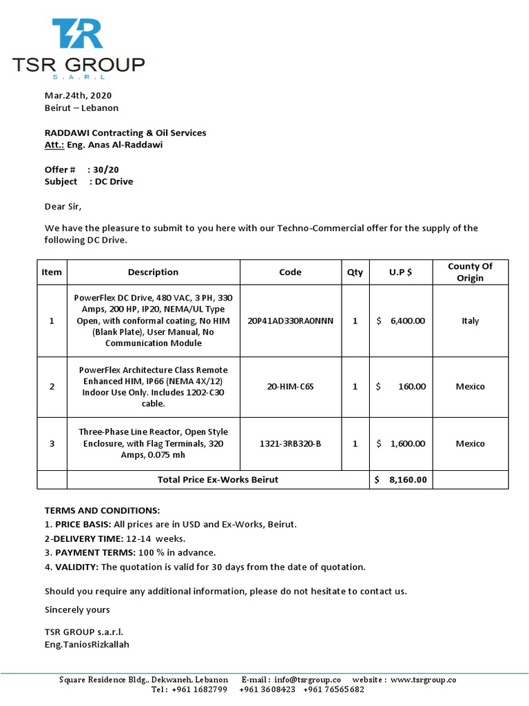 Techno-Commercial Offer, DC Drive, 24-03-2020 | PDF