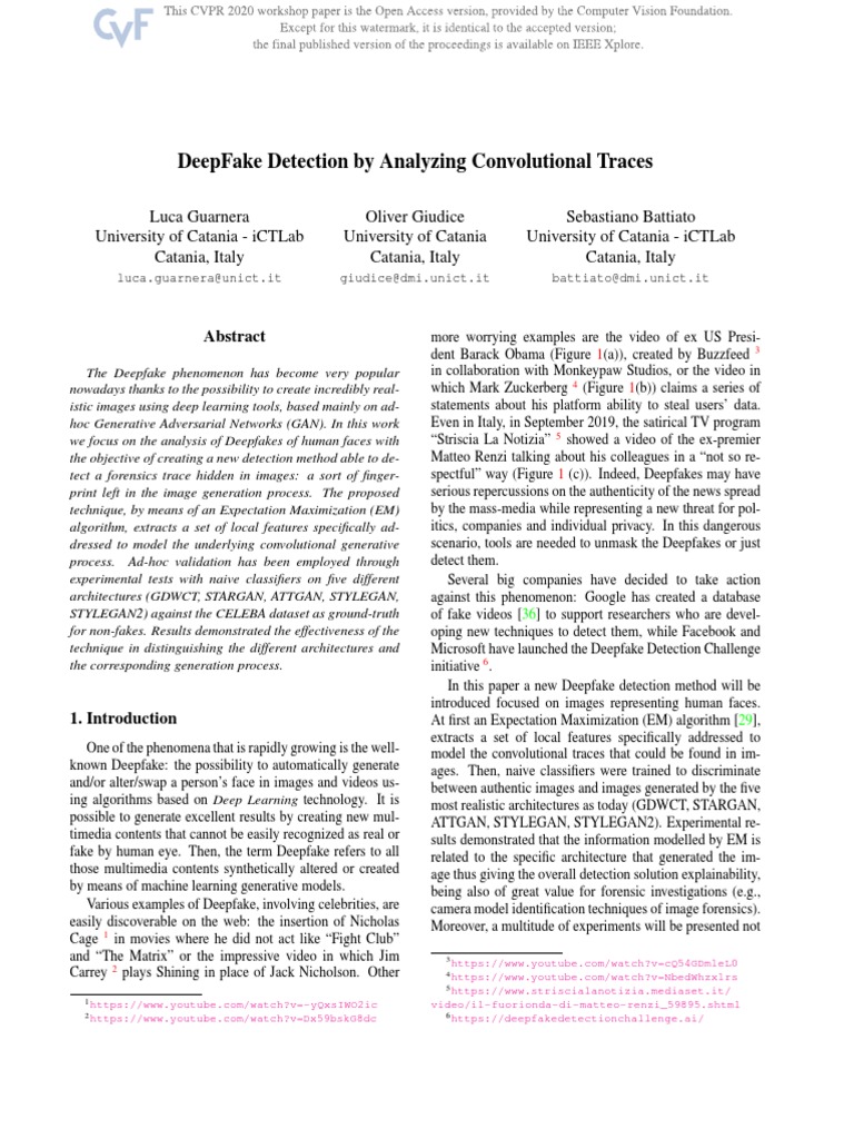 Guarnera DeepFake Detection by Analyzing Convolutional Traces CVPRW 2020 Paper | PDF | Applied ...