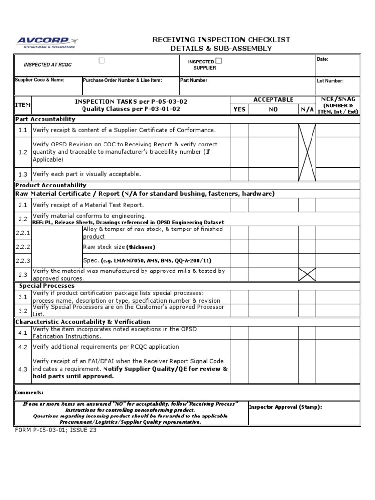 Receiving Inspection Checklist Details & Sub-Assembly | PDF ...
