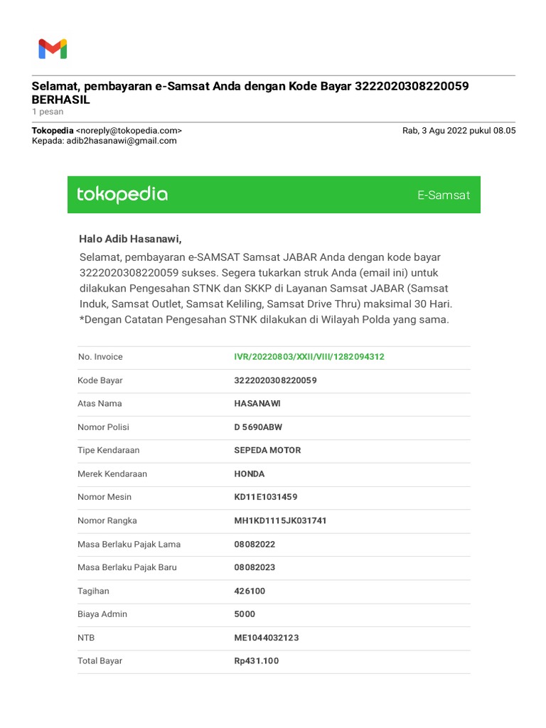 Bukti Bayara Tokped Pajak Motor Trail Agustus 2022 | PDF