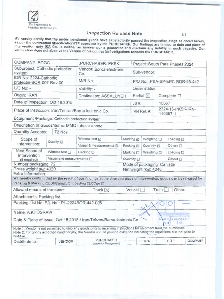 Inspection Release Note of BornaGodazTubular MMO Anode by POGC Company ...