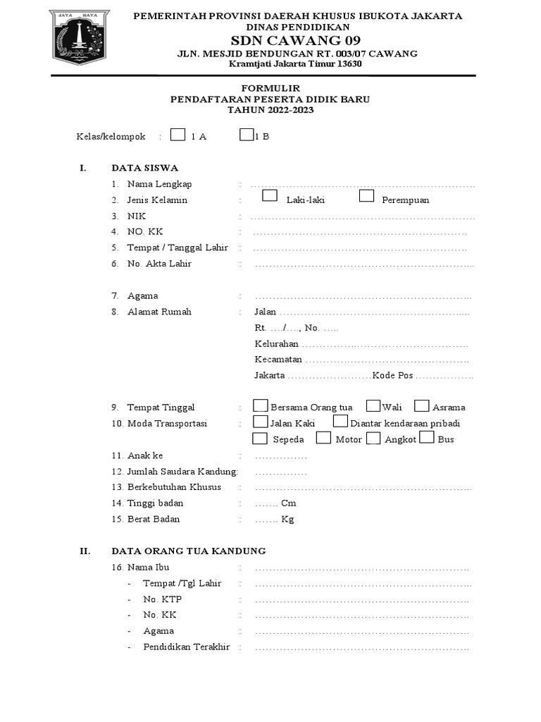 Formulir DAPODIK Kelas 1 | PDF