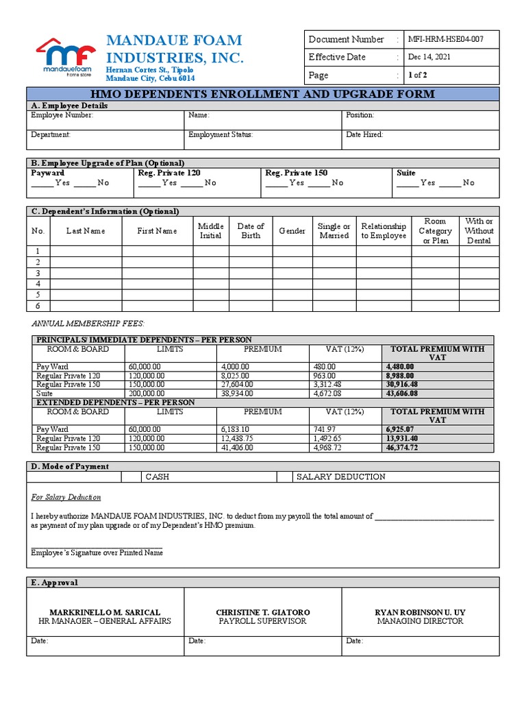 HMO Dependents Enrollment Form | PDF | Payroll | Employment