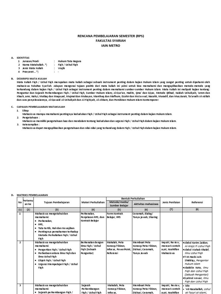 Contoh RPS Ushul Fiqh | PDF