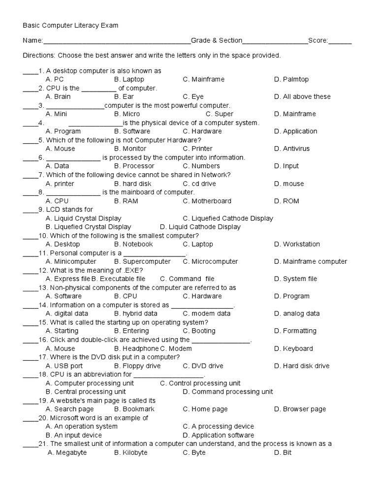 Basic Computer Literacy Exam | PDF | Personal Computers | Computer Hardware