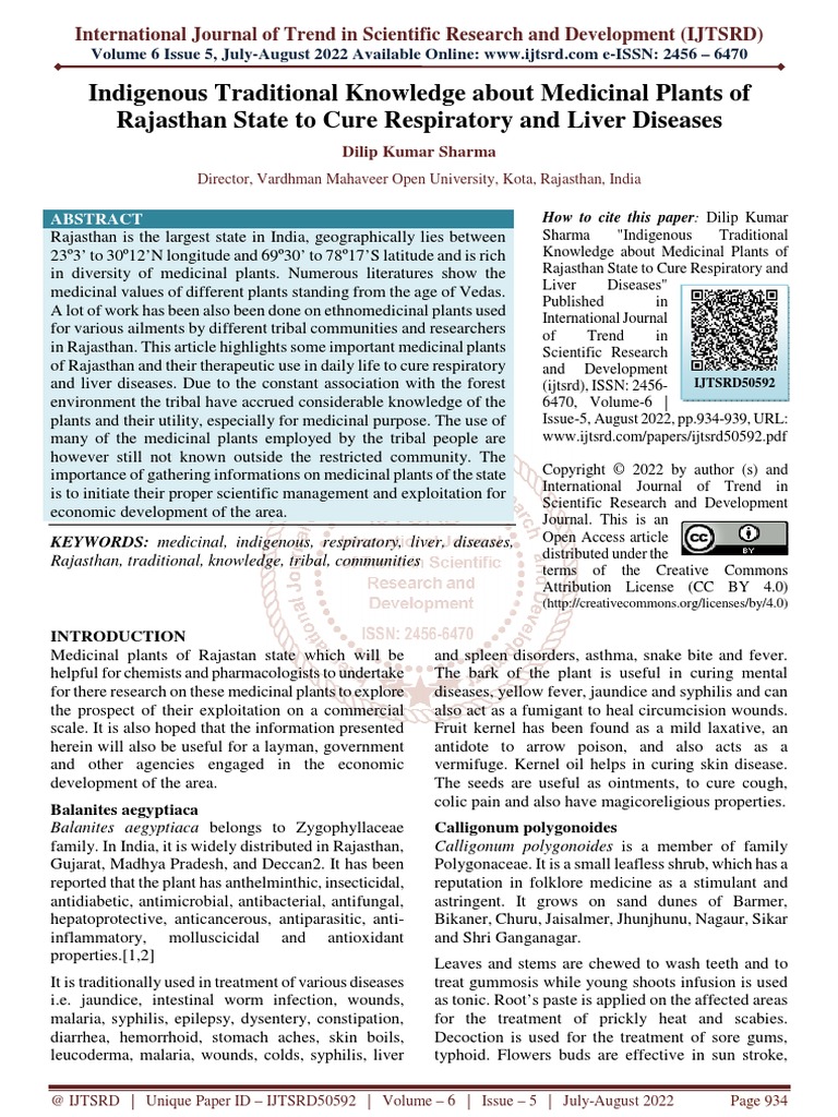 Indigenous Traditional Knowledge About Medicinal Plants of Rajasthan State To Cure Respiratory ...