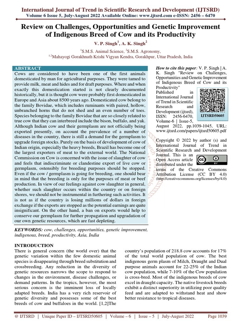 Review On Challenges, Opportunities and Genetic Improvement of Indigenous Breed of Cow and Its ...