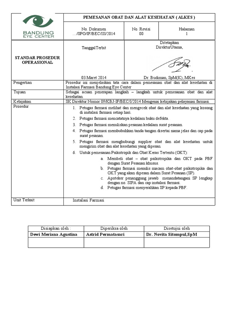 Sop Pemesanan Obat Dan Alat Kesehatan (Alkes) | PDF