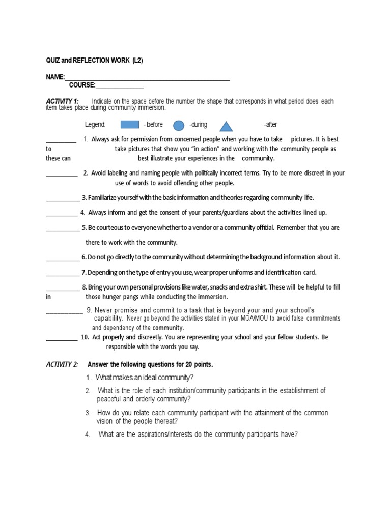 Community Immersion Quiz and Reflection | PDF | Cognitive Psychology | Psychology