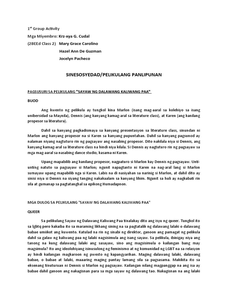 Pagsusuri Sa Pelikulang - Sayaw NG Dalawang Kaliwang Paa | PDF