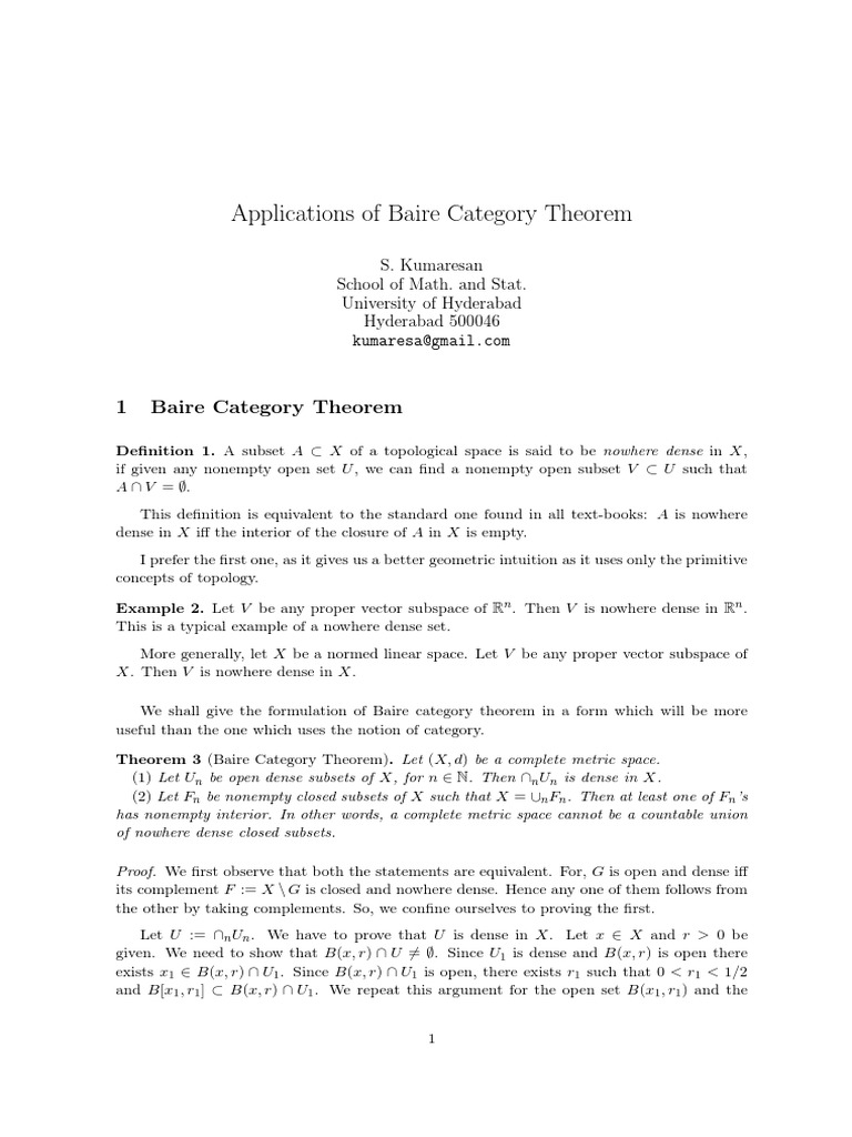Baire Category Theorem Applications | PDF | Vector Space | Geometry