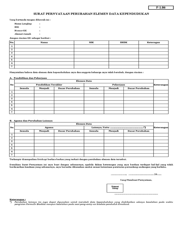 Formulir F-1.06 Surat Pernyataan Perubahan Elemen Data Kependudukan | PDF