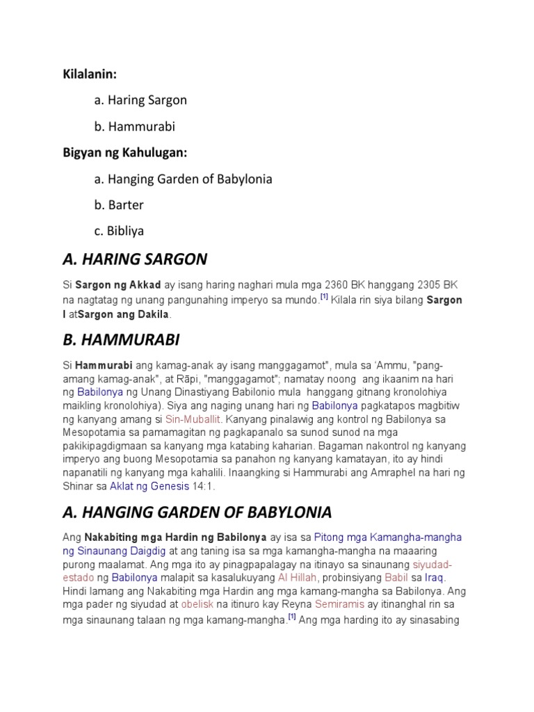 A. Haring Sargon: A. Haring Sargon B. Hammurabi A. Hanging Garden of ...
